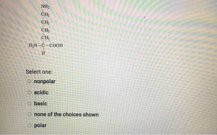 Solved NH2 CH CH CH CH H2N-C-COOH H Select one: O nonpolar O | Chegg.com