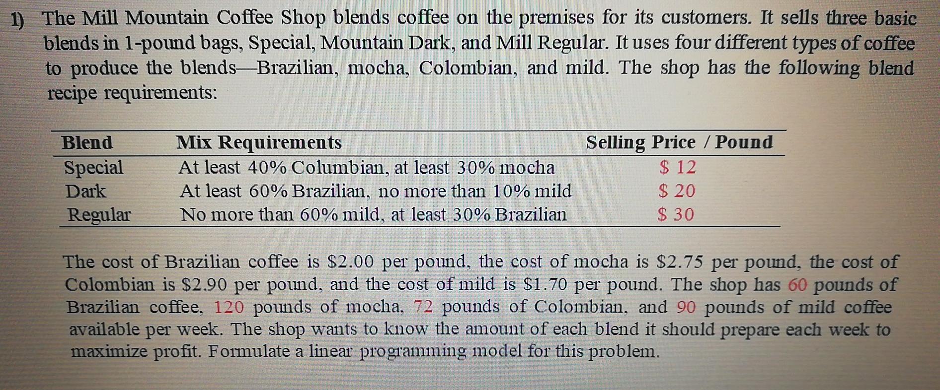Solved 1) The Mill Mountain Coffee Shop blends coffee on the | Chegg.com
