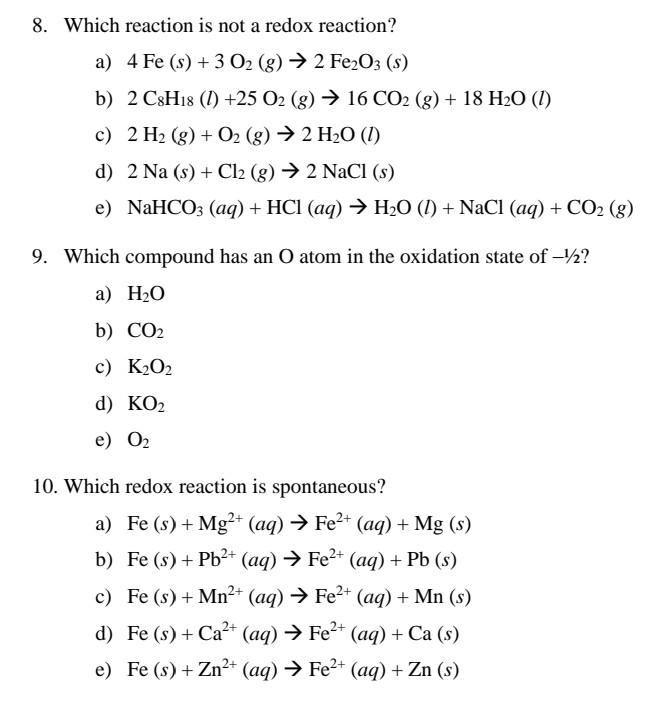 Solved 8. Which reaction is not a redox reaction? a) | Chegg.com