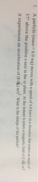 Solved 1. A particle (mass = 6.0 mg) moves with a speed of | Chegg.com