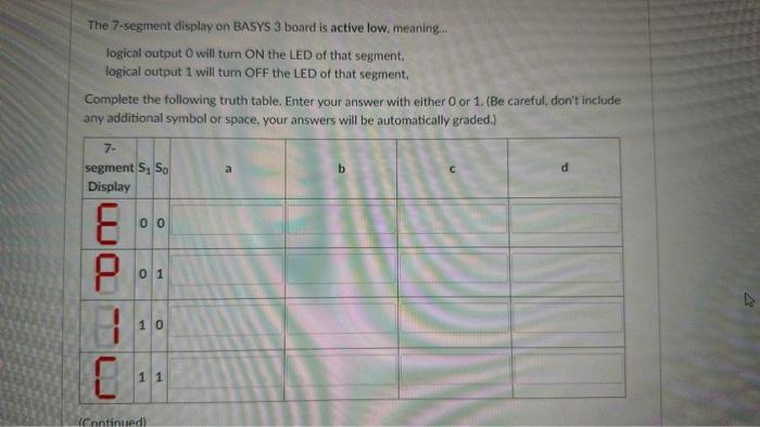 Solved The 7.5egment display on BASYS 3 board is active low, | Chegg.com