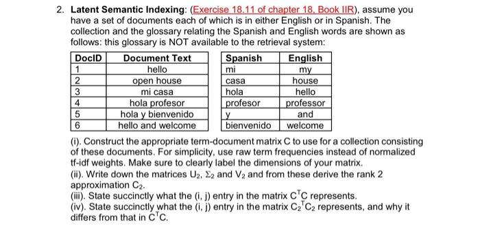 Solved Latent Semantic Indexing: (Exercise 18.11 of chapter | Chegg.com