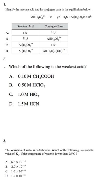 Solved 1. Identify the reactant acid and its conjugate base | Chegg.com