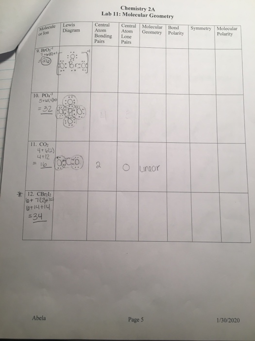 Solved Chemistry 2A Lab 11: Molecular Geometry Lewis Maule | Chegg.com