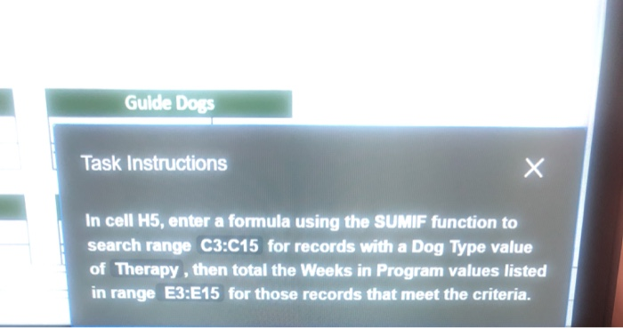 Solved Guide Dogs Task Instructions x In cell H5, enter a | Chegg.com