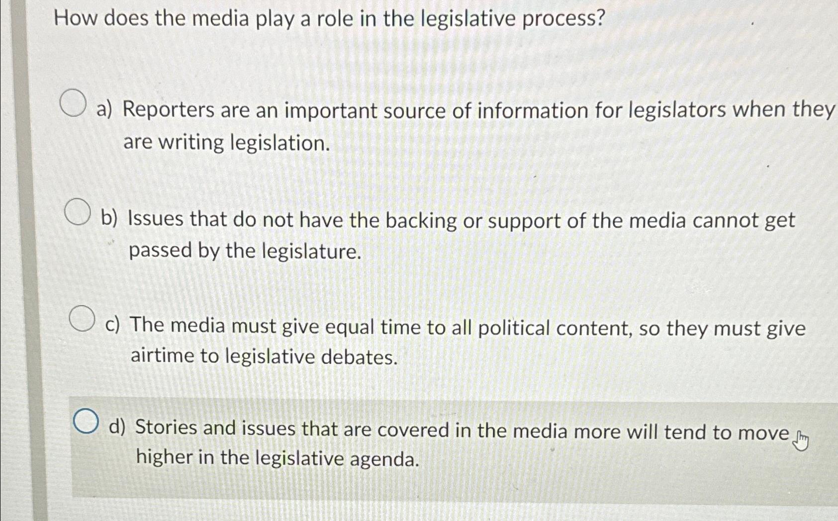 Solved How does the media play a role in the legislative | Chegg.com
