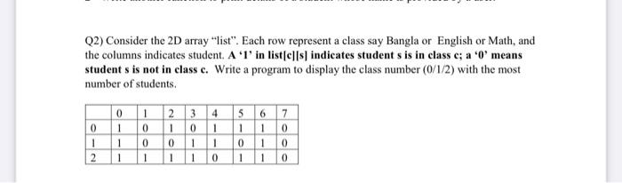Solved Q2) Consider the 2D array "list". Each row represent | Chegg.com