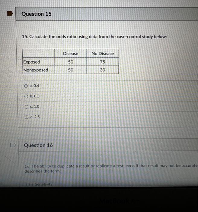 Solved 15. Calculate the odds ratio using data from the | Chegg.com