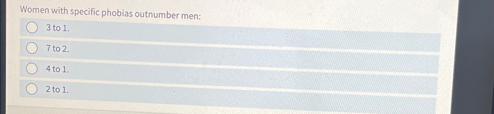 Solved Women with specific phobias outnumber men:3 ﻿to 1.7 | Chegg.com