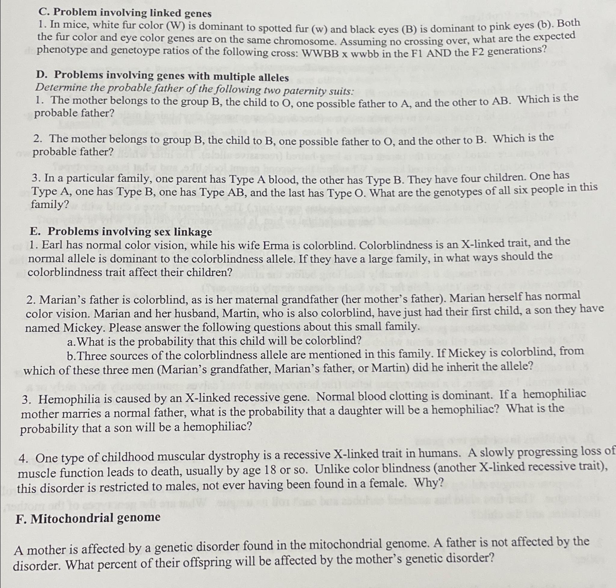 Solved C. ﻿Problem involving linked genesIn mice, white fur | Chegg.com