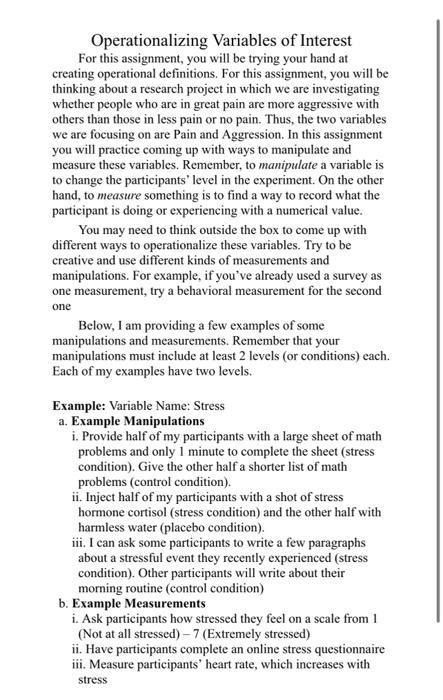 Operationalizing Variables of Interest For this | Chegg.com