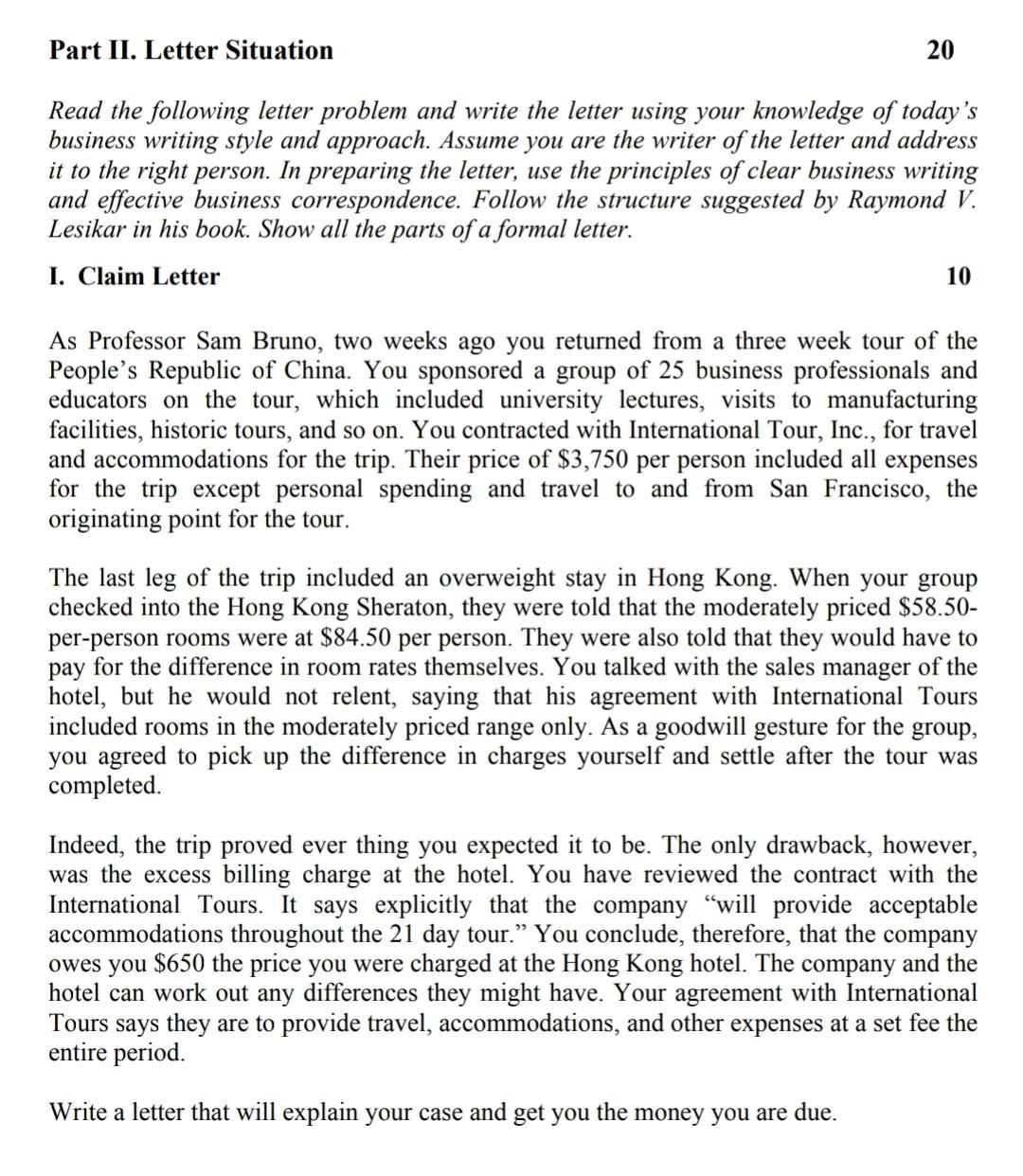 Solved Part II. Letter Situation 20 Read the following | Chegg.com