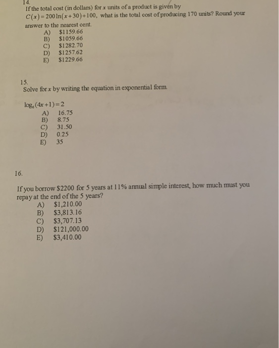 Solved 14. If the total cost in dollars) for x units of a | Chegg.com