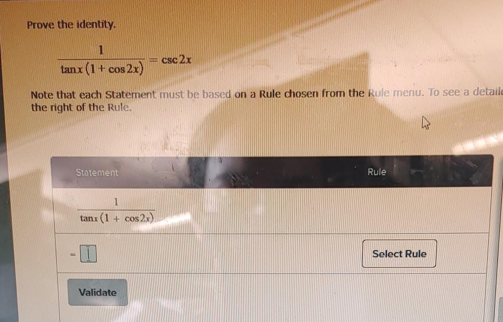Solved Prove the identity. 1 = csc 2x tanx(1 + cos2x) Note | Chegg.com