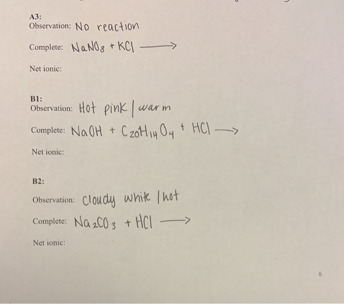 Solved A3: Observation: No reaction Complete: NaNO3 + KCl - | Chegg.com