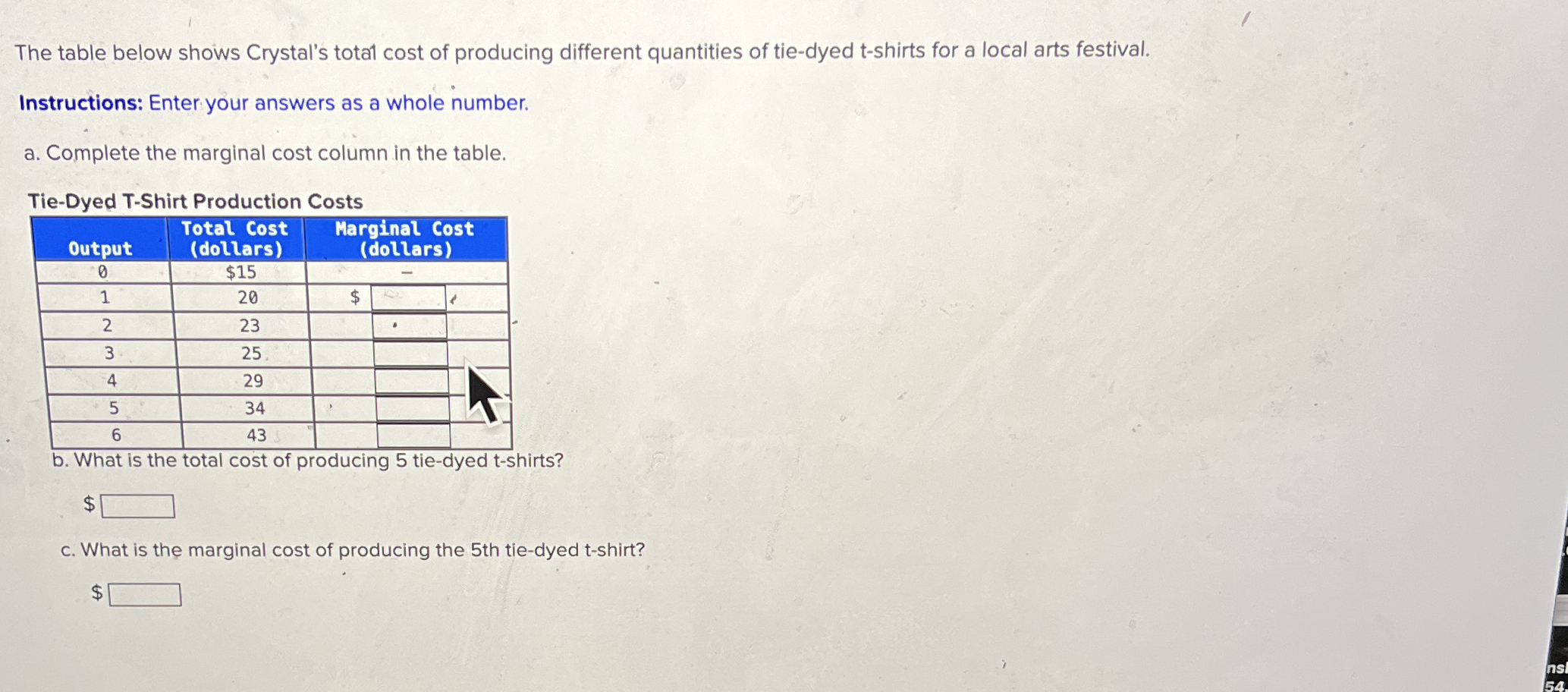 Solved The table below shows Crystal's total cost of | Chegg.com
