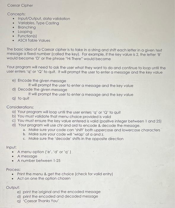 Solved Caesar Cipher Concepts: • Input/Output, data | Chegg.com
