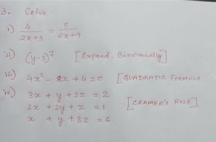 Solved i) 2x+34=6x+95. ii) (y−3)7[ Expand. Binomially] iii) | Chegg.com