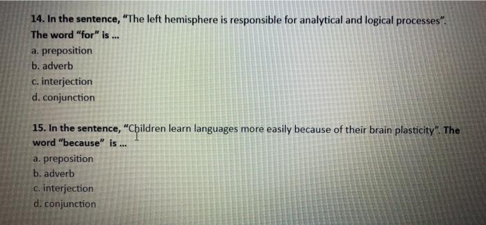 Solved 14. In the sentence, "The left hemisphere is | Chegg.com