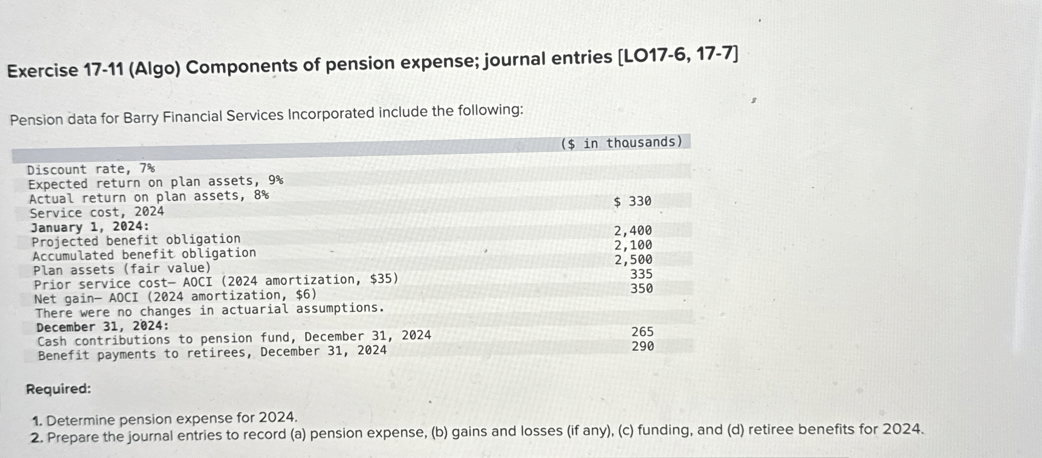 Solved Exercise 17-11 (Algo) ﻿Components of pension expense; | Chegg.com