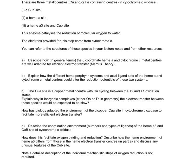 Solved (i) a Cua site (ii) a heme a site (iii) a heme a3 | Chegg.com