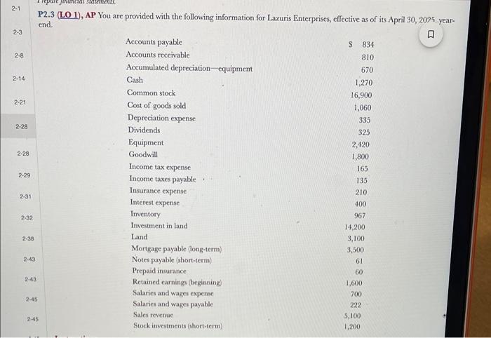 Solved P2.3 (LO 1), AP You are provided with the following | Chegg.com