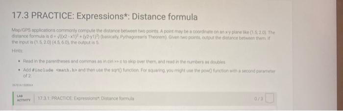 Solved 17.3 PRACTICE: Expressions* Distance formula Mop/GPS | Chegg.com