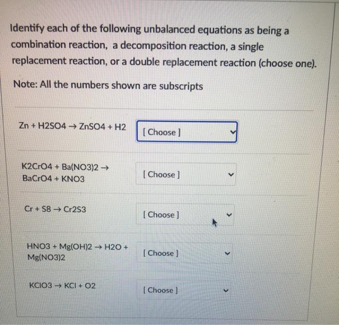 Solved Identify each of the following unbalanced equations | Chegg.com