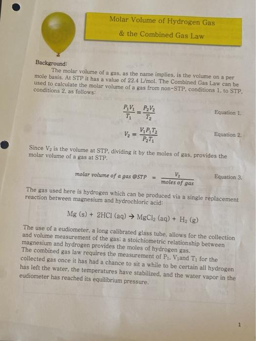 Solved Molar Volume of Hydrogen Gas Date Lab day Must show | Chegg.com