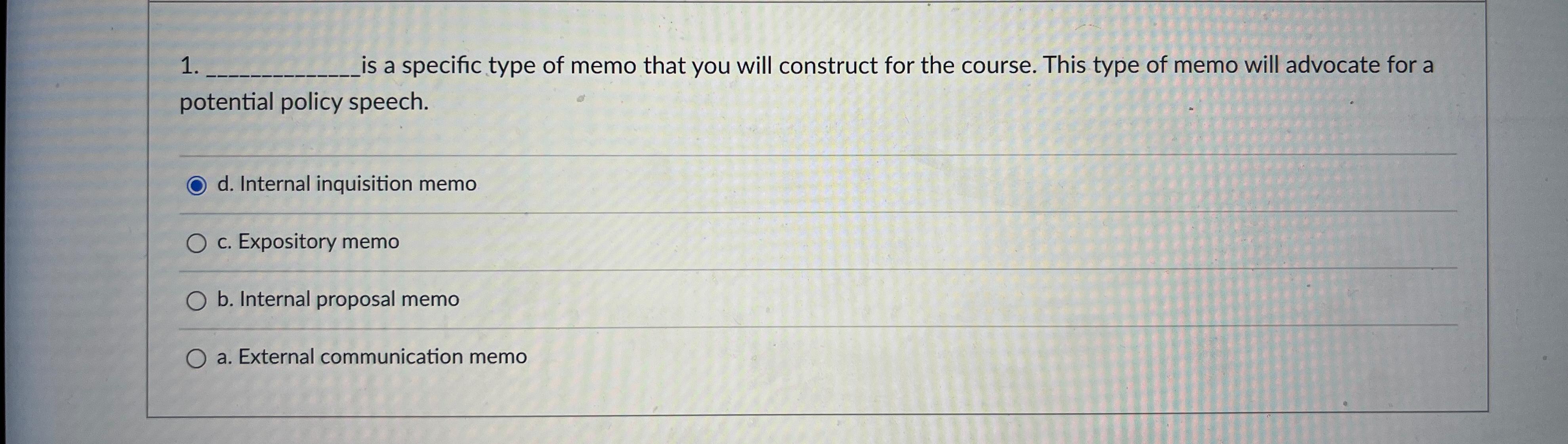 Solved s a specific type of memo that you will construct for | Chegg.com