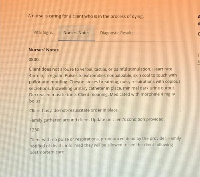 Solved A nurse is caring for a client who is in the process | Chegg.com