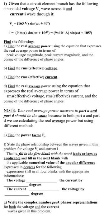Solved 1) Given that a circuit element branch has the | Chegg.com
