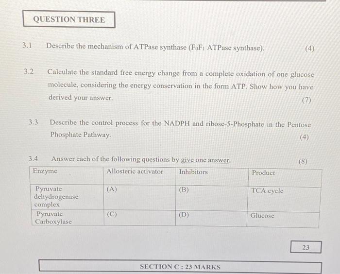 Solved 3.1 Describe the mechanism of ATPase synthase ( F0 F1 | Chegg.com