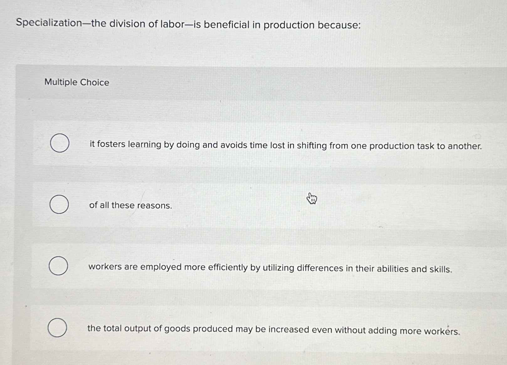 Solved Specialization-the division of labor-is beneficial in | Chegg.com