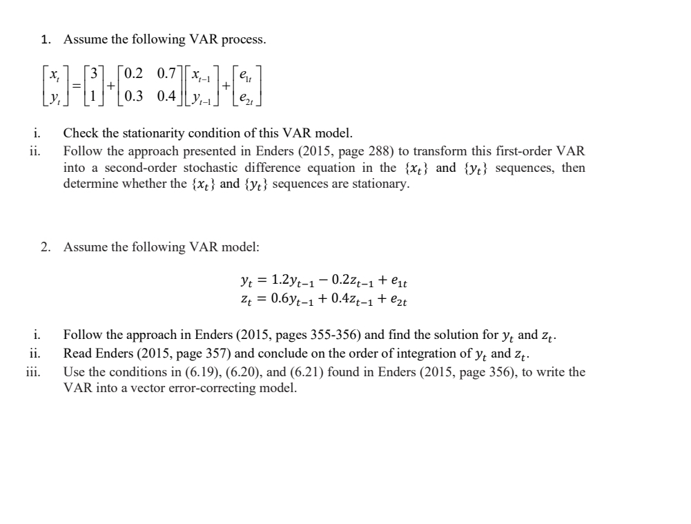 Solved Assume the following VAR | Chegg.com