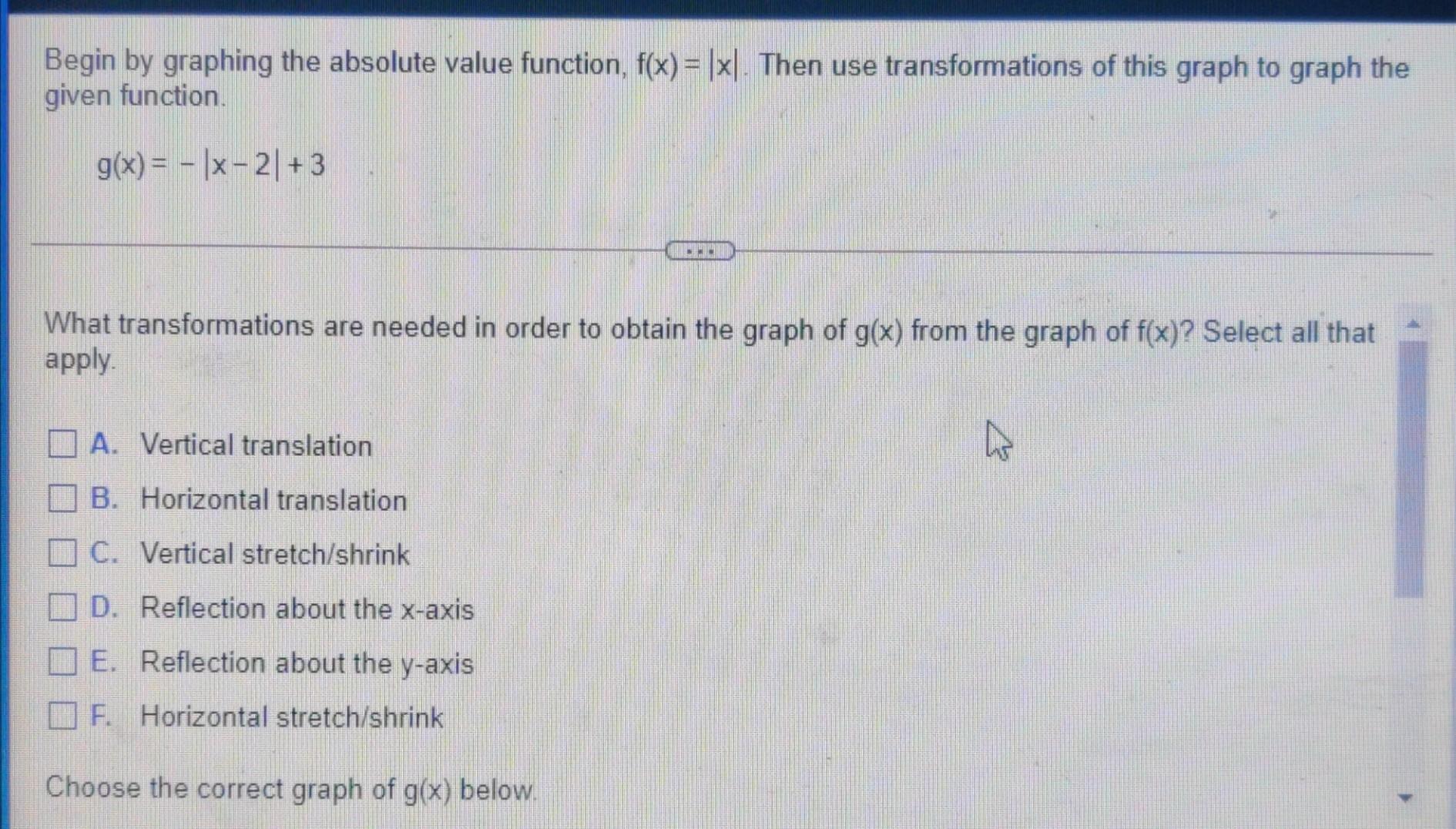 Solved Begin by graphing the absolute value function, f(x) = | Chegg.com