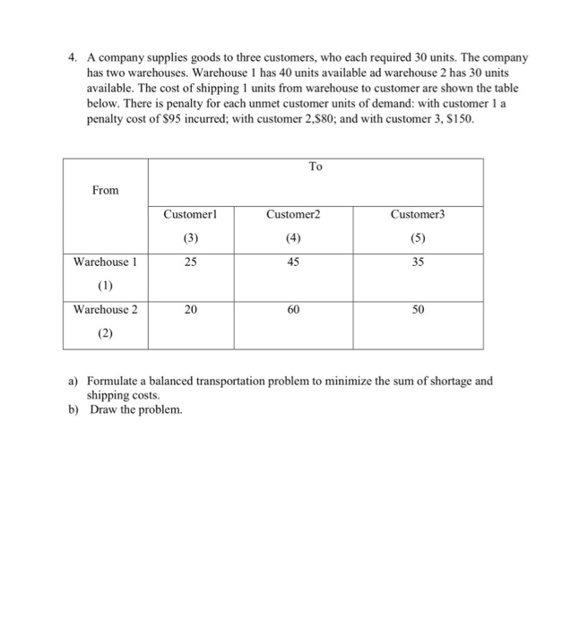 Solved 4. A company supplies goods to three customers, who | Chegg.com