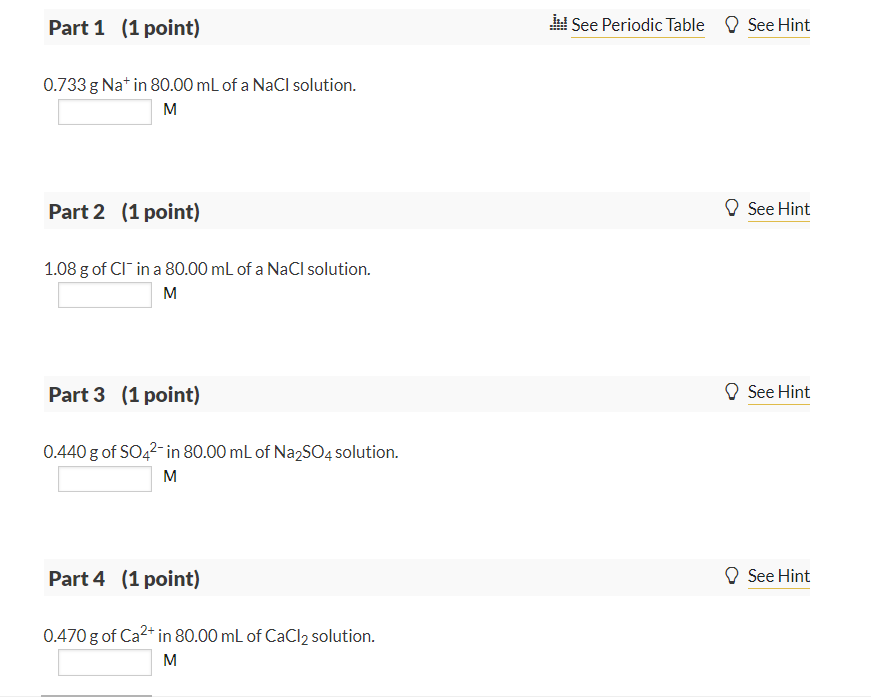 Solved Calculate the molarity for each part 1-4 ﻿please | Chegg.com