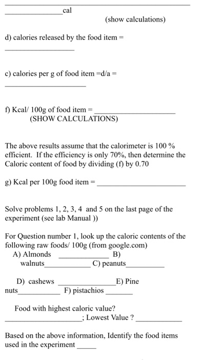 Solved Food Calories lab Pre-lab and post lab /See Lab | Chegg.com