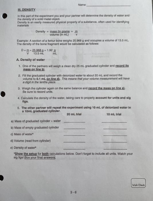 Solved Name III. DENSITY In this part of the experiment you | Chegg.com