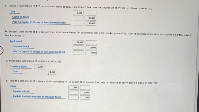 Solved a. Issued 1,000 shares of $10 par common stock at | Chegg.com
