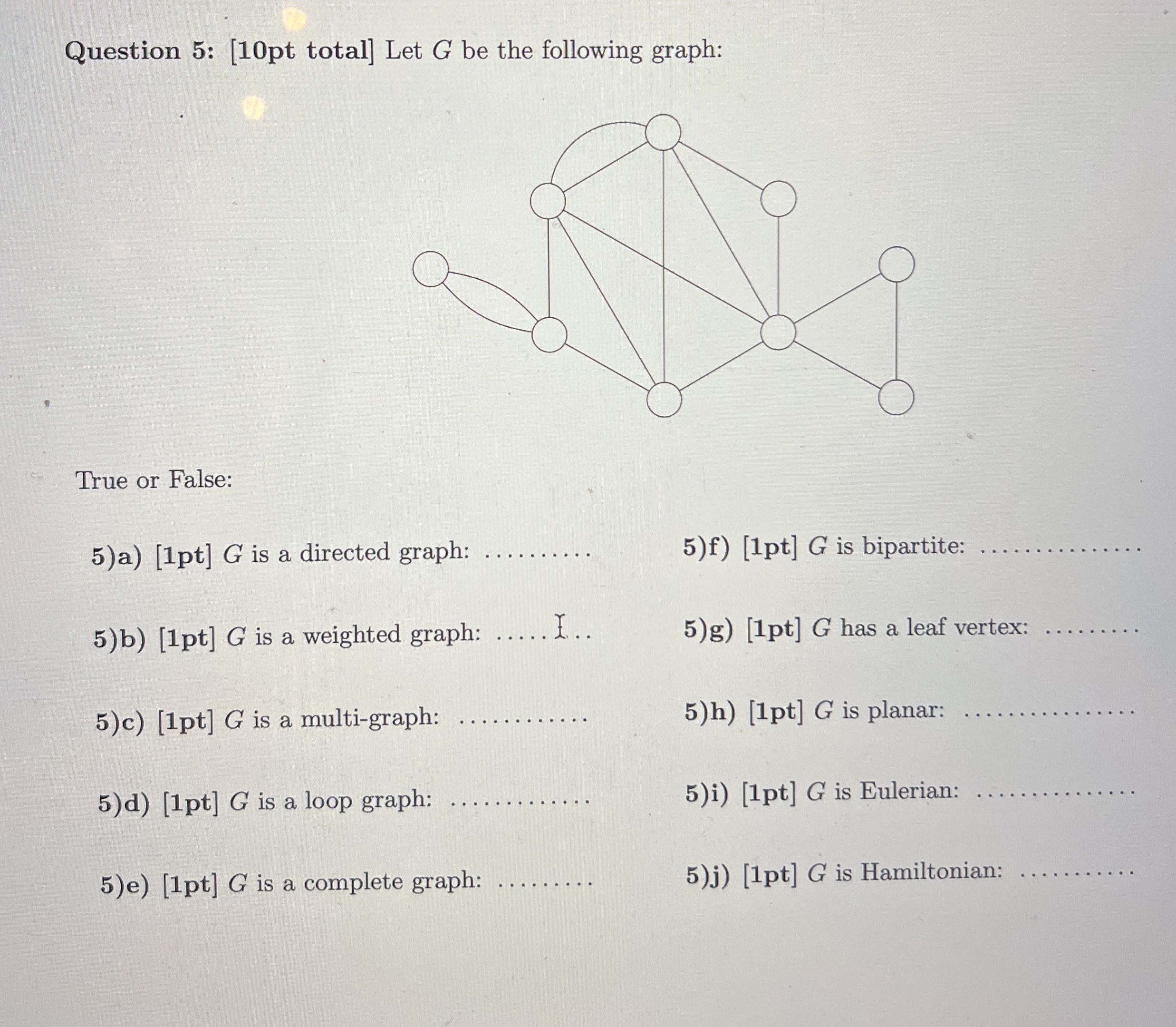 Solved Question 5: [10pt total] ﻿Let G ﻿be the following | Chegg.com