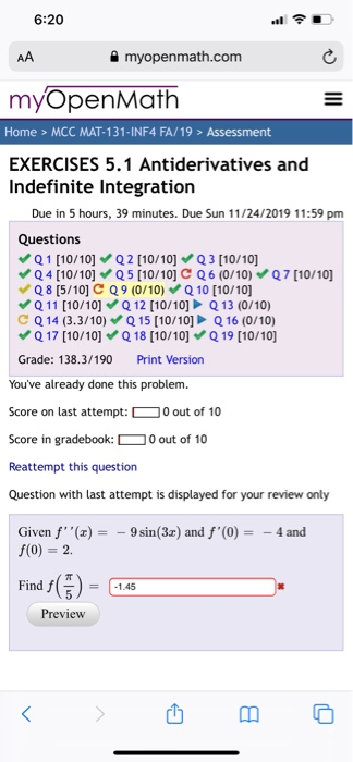 Solved 6:20 AA myopenmath.com myOpenMath Home > MCC | Chegg.com