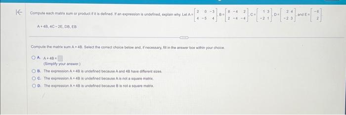 Solved Compute each matrix sum or product if at is defined. | Chegg.com
