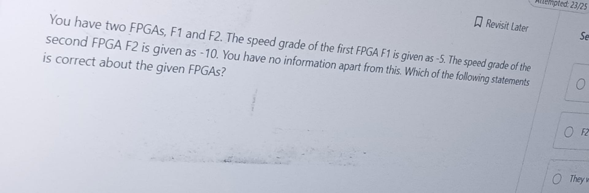 Solved You have two FPGAs, F1 ﻿and F2. ﻿The speed grade of | Chegg.com
