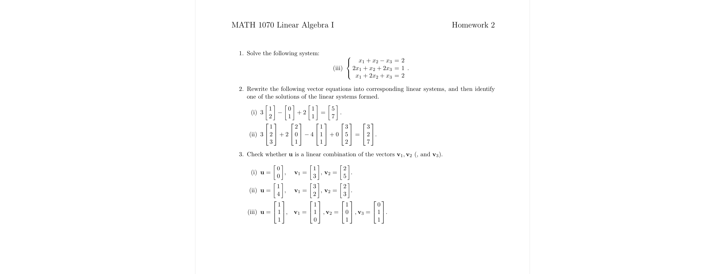 Solved MATH 1070 ﻿Linear Algebra IHomework 2Solve the | Chegg.com