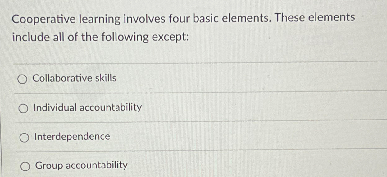 Solved Cooperative learning involves four basic elements. | Chegg.com