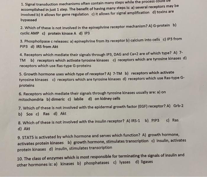 Solved 1. Signal transduction mechanisms often contain many | Chegg.com