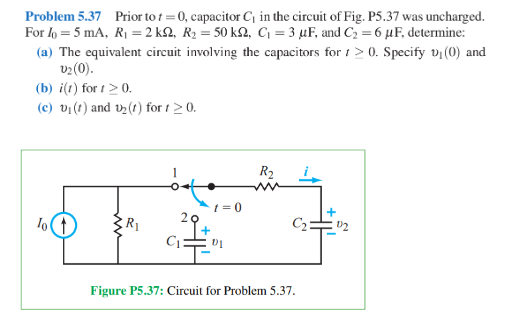 Solved Problem 5.37 ﻿Prior to t=0, ﻿capacitor C_(1) ﻿in the | Chegg.com