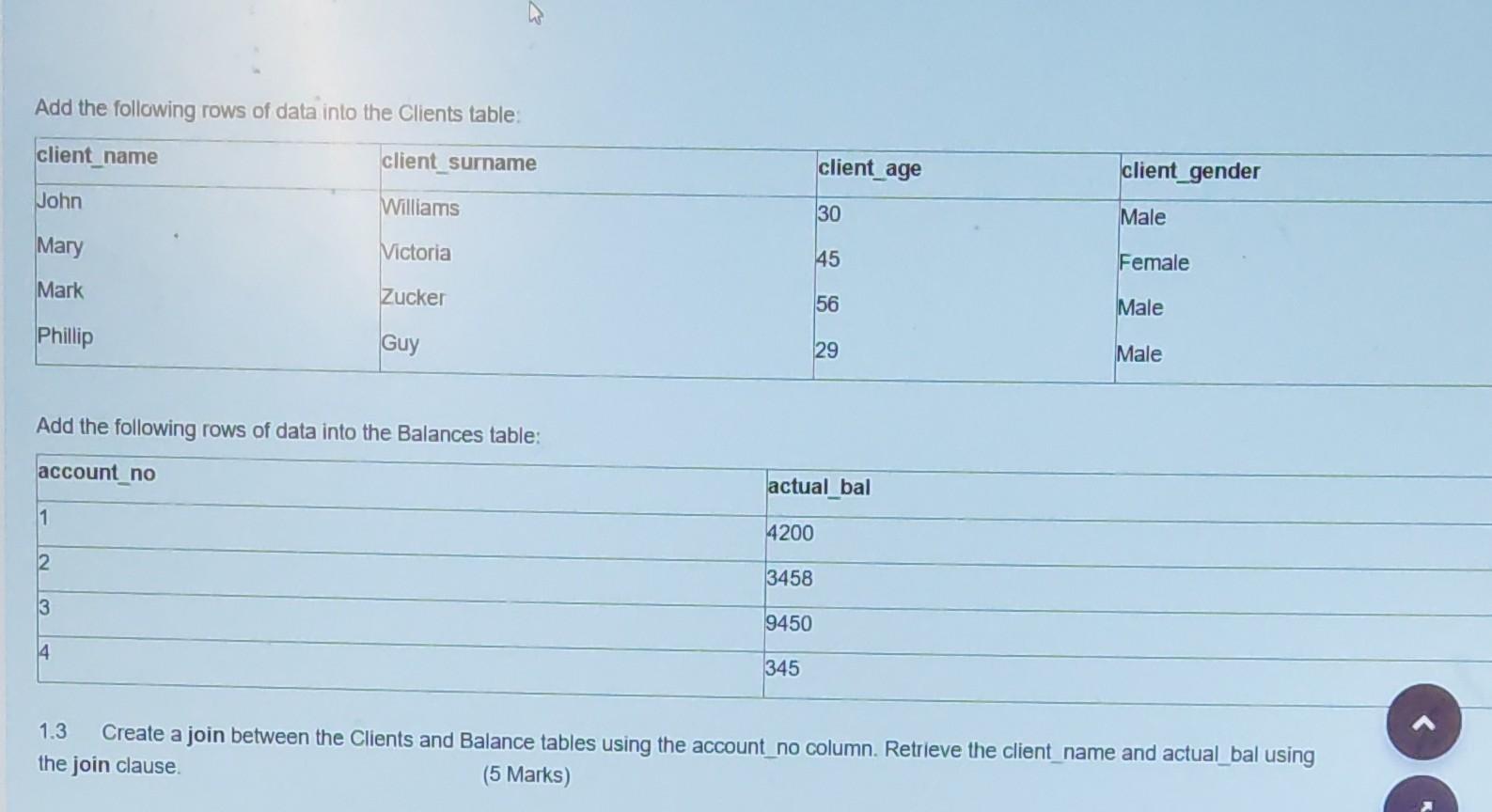 Solved 1.2 Create two tables, one called Clients and one | Chegg.com Solved 1.2 Create two tables, one called Clients and one | Chegg.com